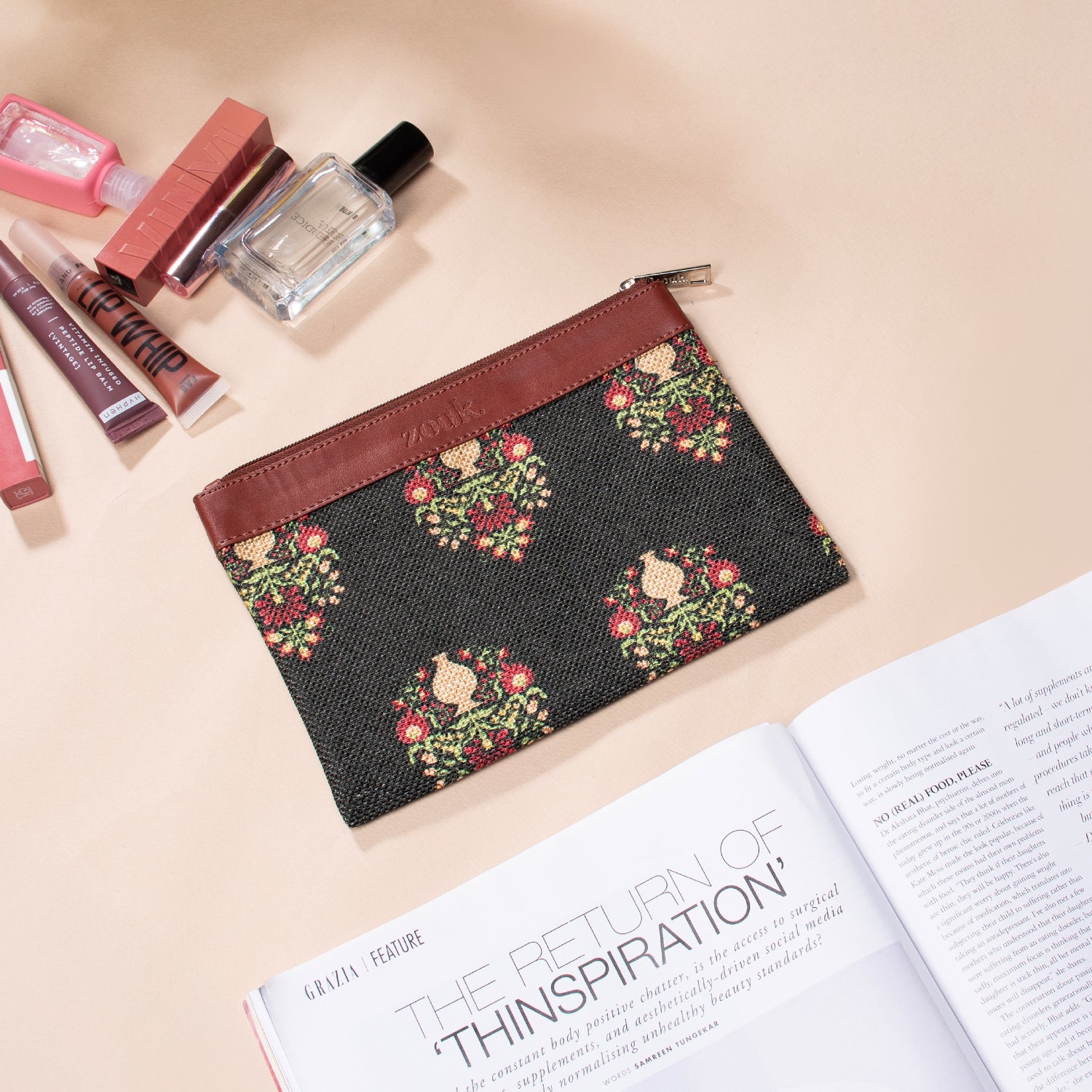 Royal Green Mogra Print Cosmetic Pouch